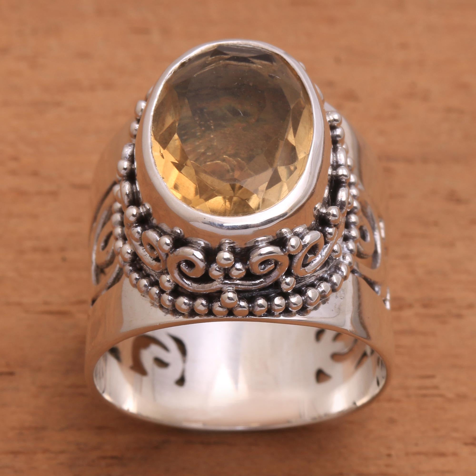 NOVICA Artisan Handmade Citrine Single Stone Ring Sterling Silver from Bali Cocktail Indonesia Gemstone Birthstone [crownbezel 0.7 in H x 0.6 in W x 0.3 in D Band Width 8 mm W] ' Glorious Vines'