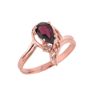 certified 10k rose gold diamond and garnet pear-shaped ladies ring (size 7)