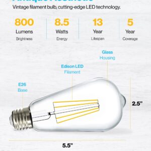 Sunco 6 Pack 60W Vintage LED Edison Bulbs Equivalent 8.5W CRI92 800 Lumens, Dimmable ST64 Filament 3000K Warm White E26 Medium Base Light Bulbs High Brightness Clear Glass Waterproof UL