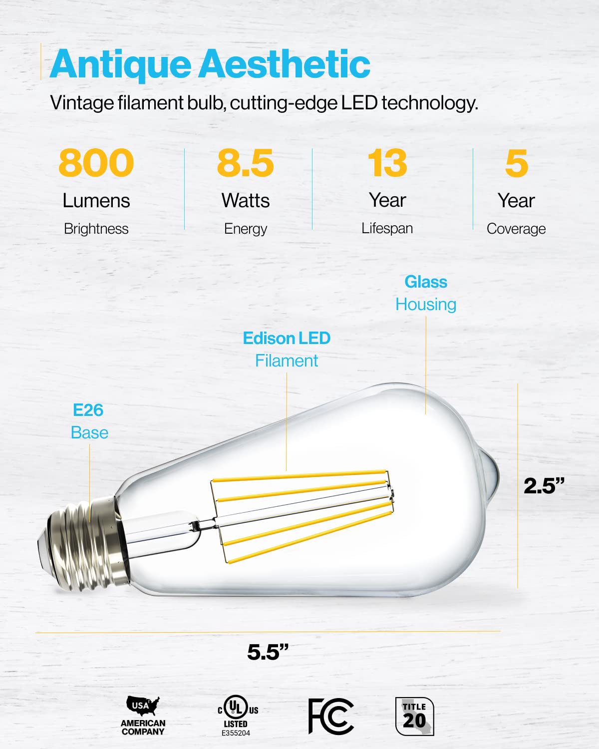 Sunco 6 Pack 60W Vintage LED Edison Bulbs Equivalent 8.5W CRI92 800 Lumens, Dimmable ST64 Filament 3000K Warm White E26 Medium Base Light Bulbs High Brightness Clear Glass Waterproof UL