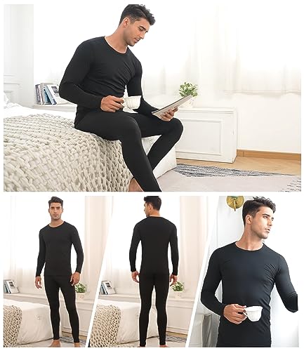 TEEPIRE Mens Thermal Underwear Set with Lightweight Ultra Soft Fleece Lined,Long John Set, Skiing Base Layer (Medium) Black