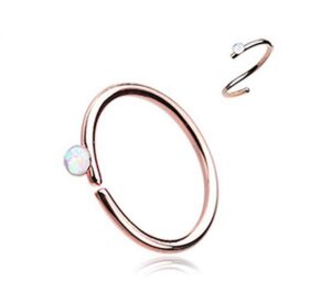 amelia fashion 20 gauge rose gold opal sparkle bendable nose hoop ring 316l surgical steel (rose gold/white)