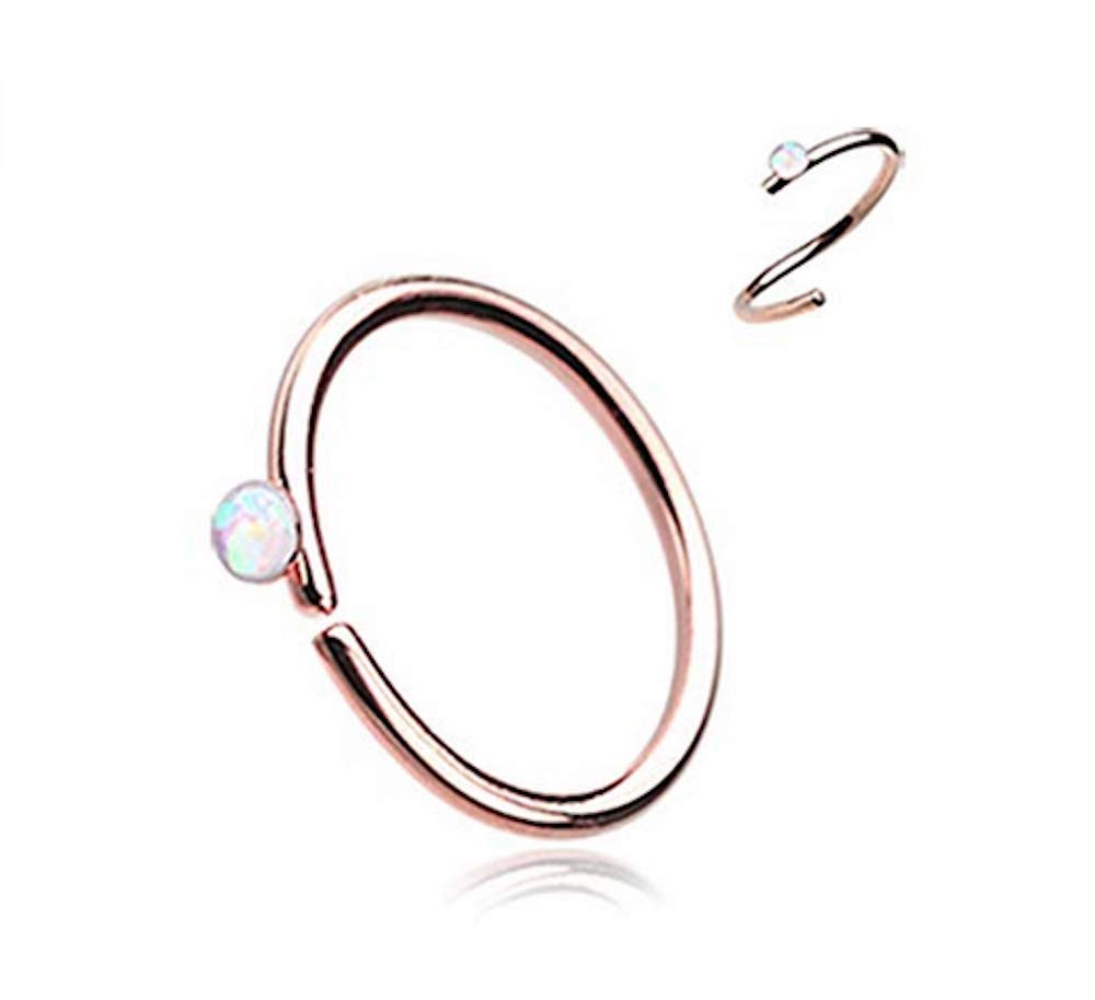 Amelia Fashion 20 Gauge Rose Gold Opal Sparkle Bendable Nose Hoop Ring 316L Surgical Steel (Rose Gold/White)