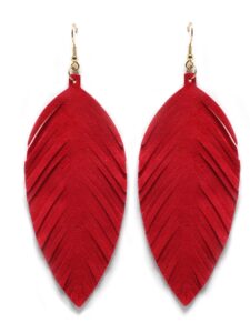 large genuine soft leather handmade fringe feather lightweight tear drop dangle color earrings for women fashion (red)