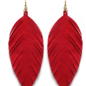 Large Genuine Soft Leather Handmade Fringe Feather Lightweight Tear Drop Dangle Color Earrings for Women Fashion (Red)