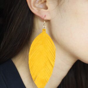 Large Genuine Soft Leather Handmade Fringe Feather Lightweight Tear Drop Dangle Color Earrings for Women Fashion (Red)