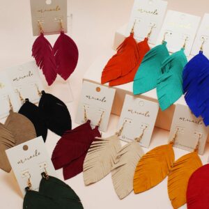 Large Genuine Soft Leather Handmade Fringe Feather Lightweight Tear Drop Dangle Color Earrings for Women Fashion (Red)