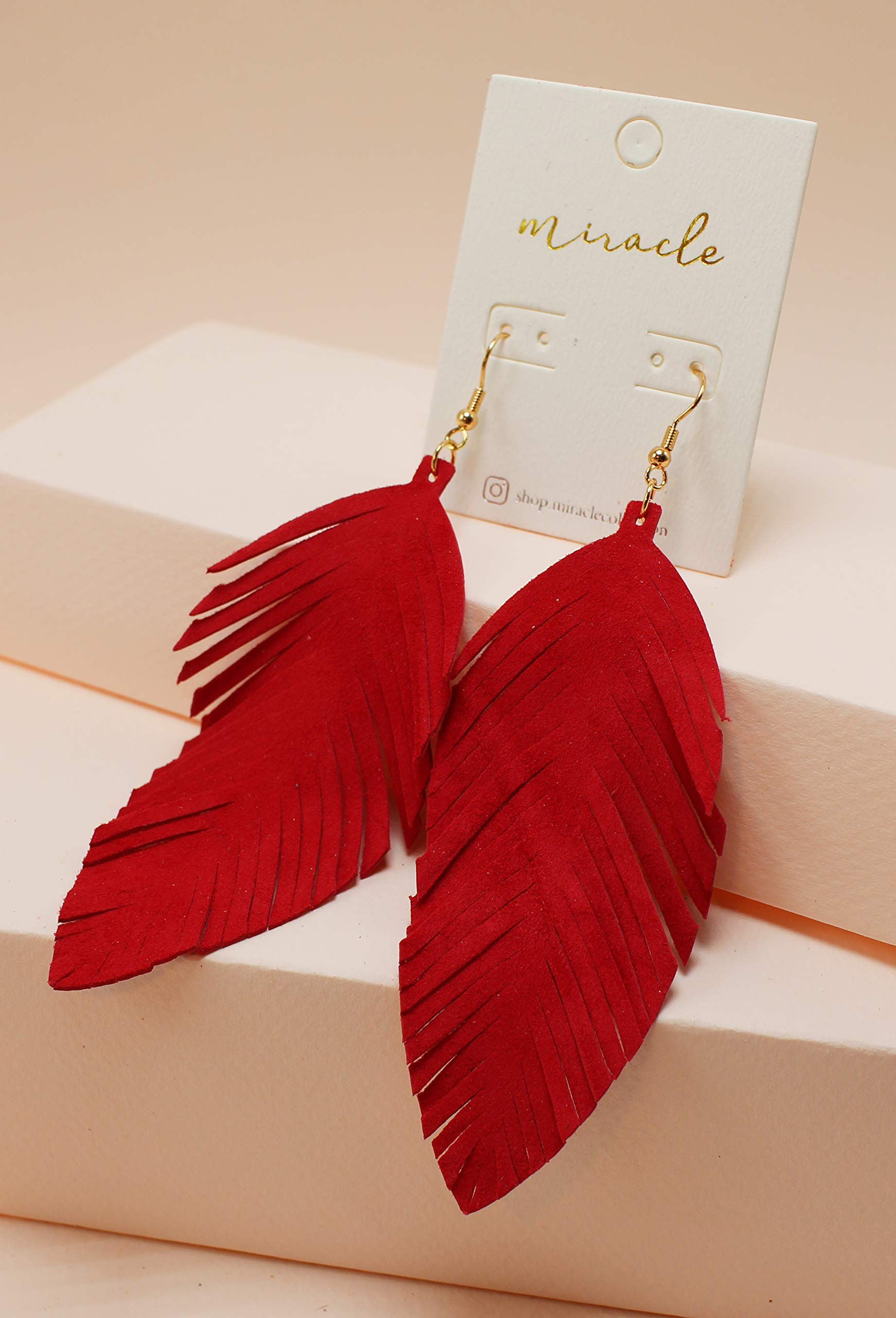 Large Genuine Soft Leather Handmade Fringe Feather Lightweight Tear Drop Dangle Color Earrings for Women Fashion (Red)