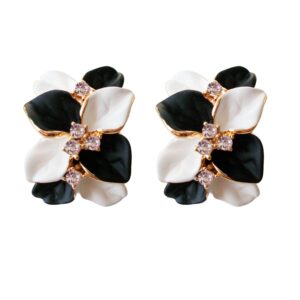 navachi 18k gold plated white crystal white black enamel leaves flower az1141 omega back earrings