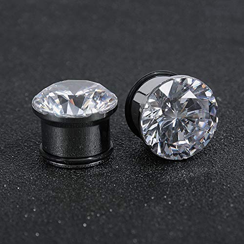 ZS Single Flare Ear Plugs Stainless Steel Ear Gauges Clear CZ Earring Gauge with O-Ring Stretcher Expander Piercing for Men and Women