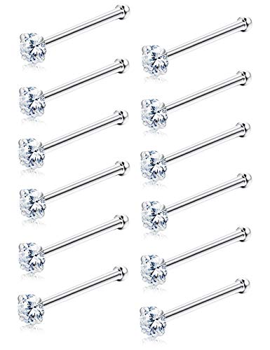 Sllaiss 12Pcs Nose Studs Rings Made with Austrian Crystal Piercing Pin Body Jewelry 1.5mm Surgical Stainless Steel 4 Prongs Setting Nose Stud Piercing Jewelry Set