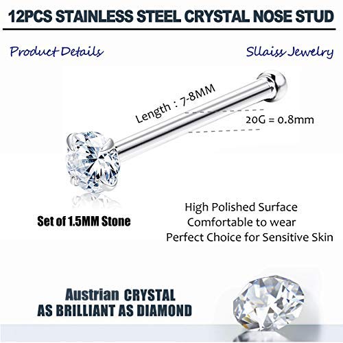 Sllaiss 12Pcs Nose Studs Rings Made with Austrian Crystal Piercing Pin Body Jewelry 1.5mm Surgical Stainless Steel 4 Prongs Setting Nose Stud Piercing Jewelry Set