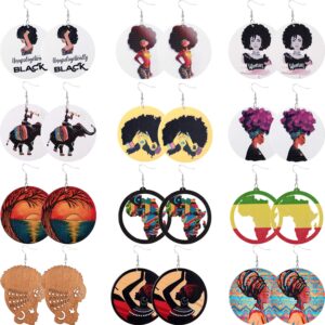 12 pairs african map women earrings round natural wooden painted earrings ethnic style dangle earring (classic patterns)