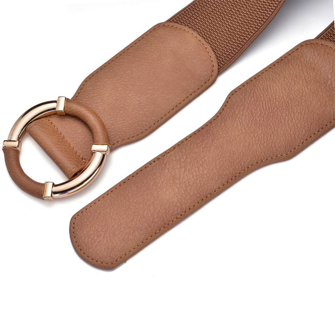 Beltox Women Elastic Belt Dress Stretchy Wide Waist Vintage Thick Cinch PU Leather (Khaki/Beige, M-XXL (31-43 inch stretch range))