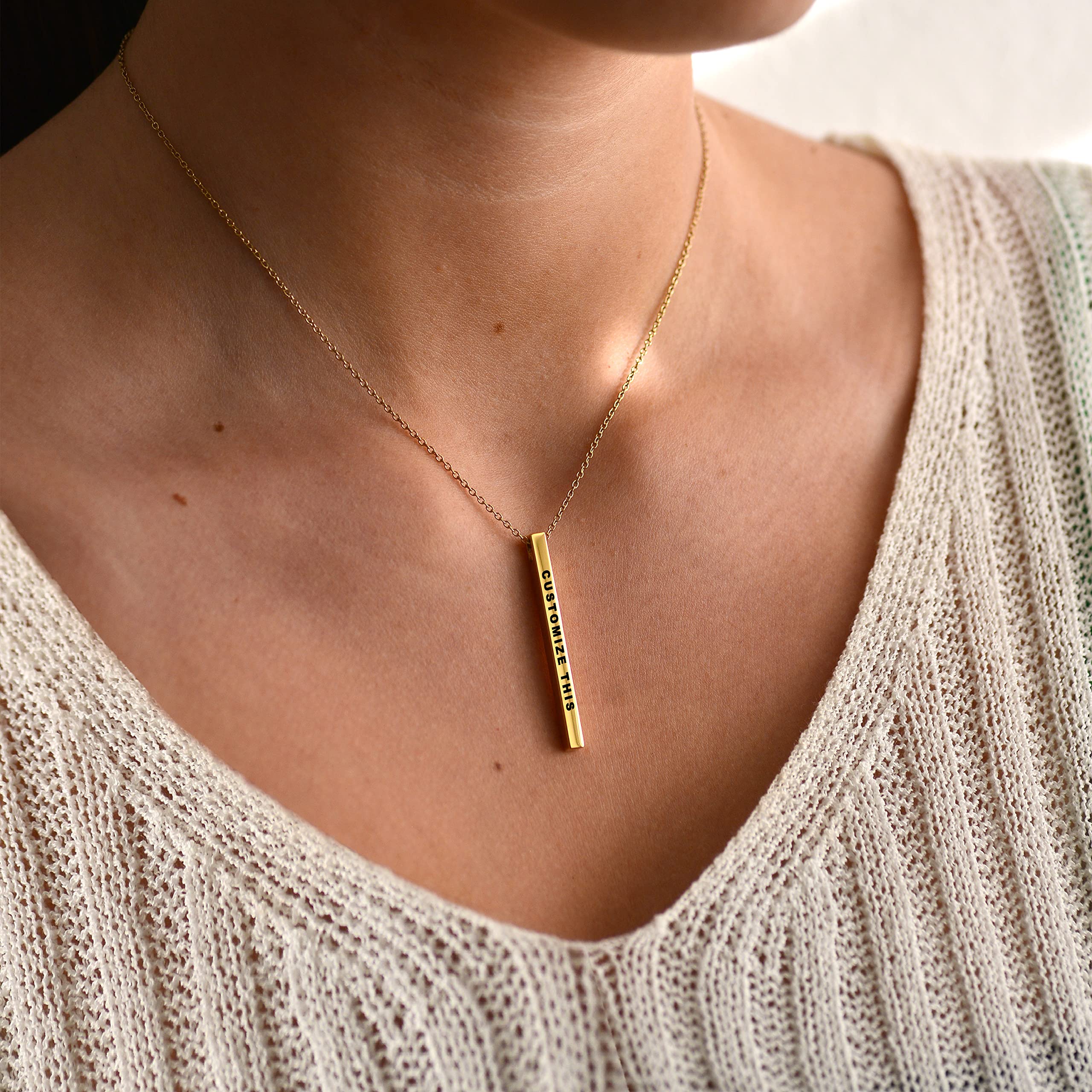 Dolceoro Custom Bar Necklace (1 Side), Personalize an Inspirational Mantra Necklace, Vertical Bar Pendant Jewelry, Mindful Quote Necklace