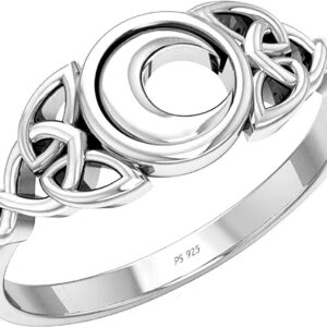 US Jewels Ladies 0.925 Sterling Silver Irish Celtic Trinity Knot & Moon Ring, 6.5