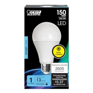 feit electric a21 led light bulb, 150w equivalent, dimmable, 2605 lumens, e26 standard base, 5000k daylight, 80 cri, high output led light bulb, damp rated, 15,000-hour lifetime, om150dm/850/led