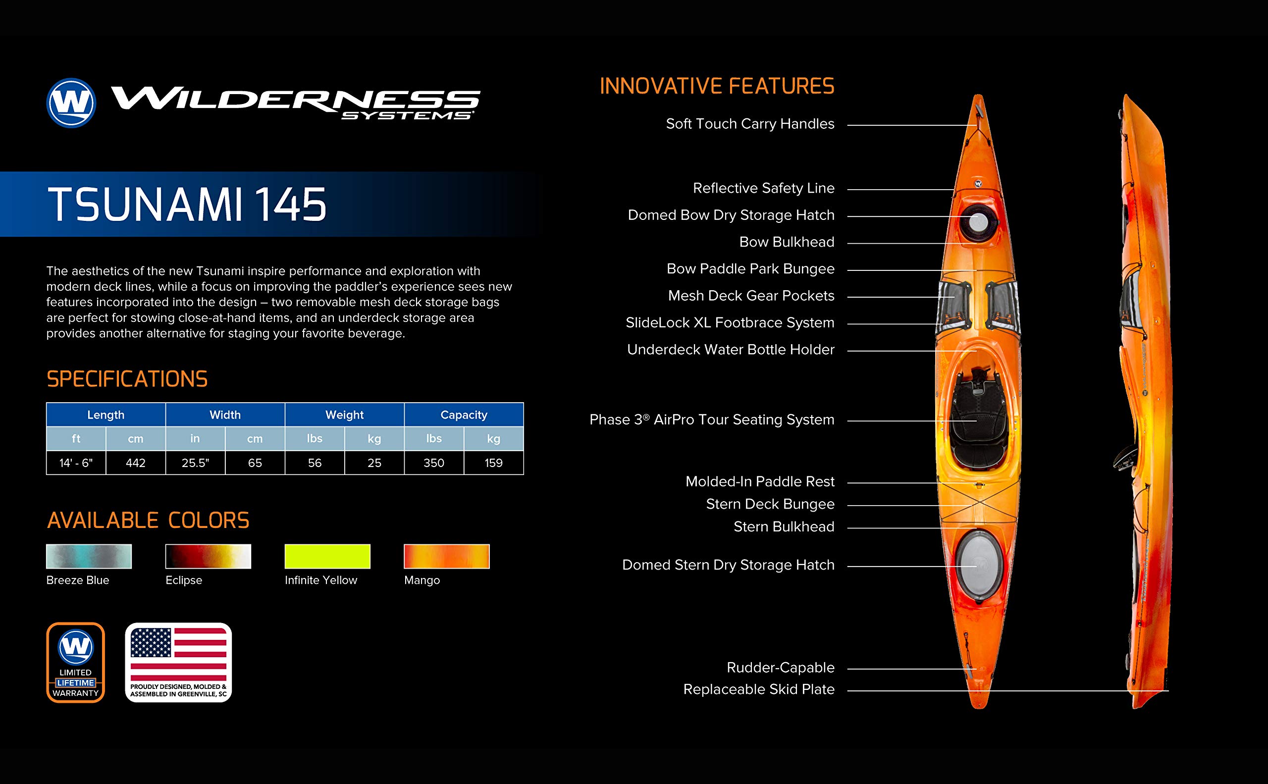 Wilderness Systems Tsunami 145 | Sit Inside Touring Kayak | Kayak with Rudder | 14' 6" | Breeze Blue