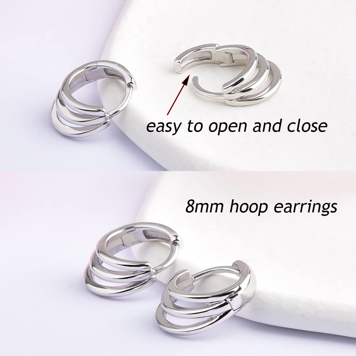 925 Sterling Silver Small Hugging Hoop earrings Triple Circle Hoop Earrings for Women Tiny 8mm Mini Huggie Hoop Earrings