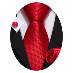 Barry.Wang Formal Red Solid Color Man Tie Set Necktie Handkerchief Cuff Links Wedding Ceremony