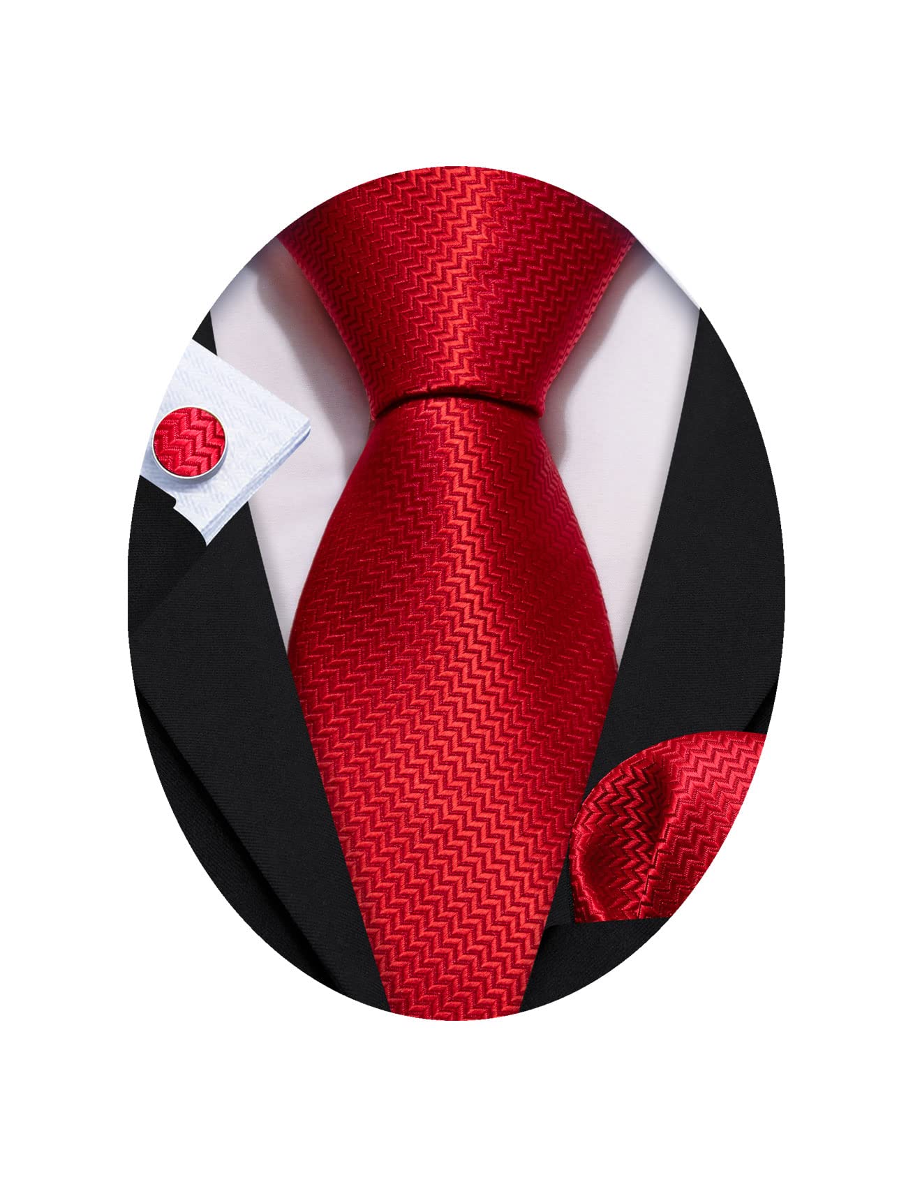 Barry.Wang Formal Red Solid Color Man Tie Set Necktie Handkerchief Cuff Links Wedding Ceremony