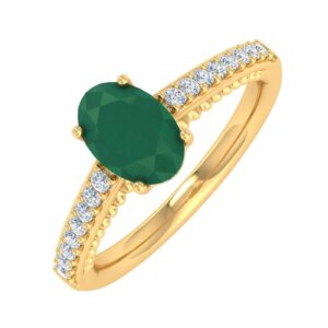 1 carat oval shape emerald and round diamond solitaire engagement ring in 10k yellow gold (ring size 6)