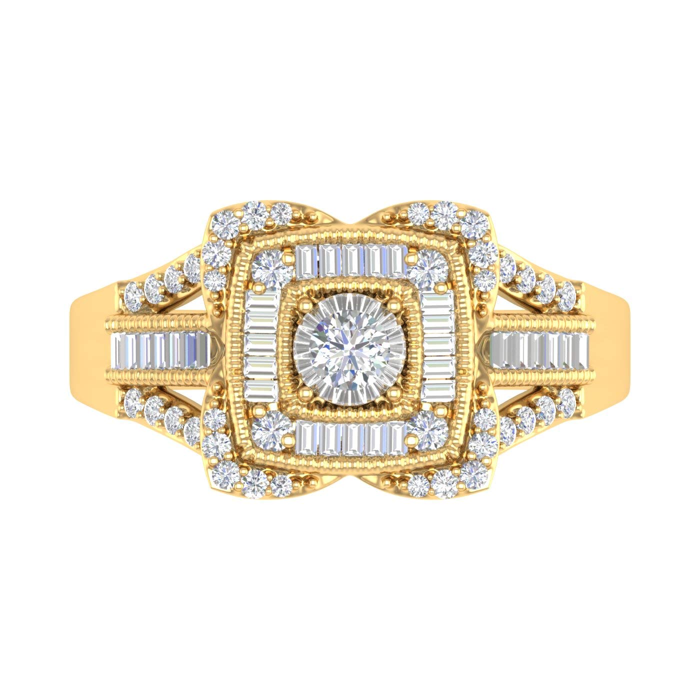 FINEROCK 1/2 Carat Round & Baguette Shape Diamond Cushion Shaped Halo Ring in 10K Yellow Gold (Ring Size 8)