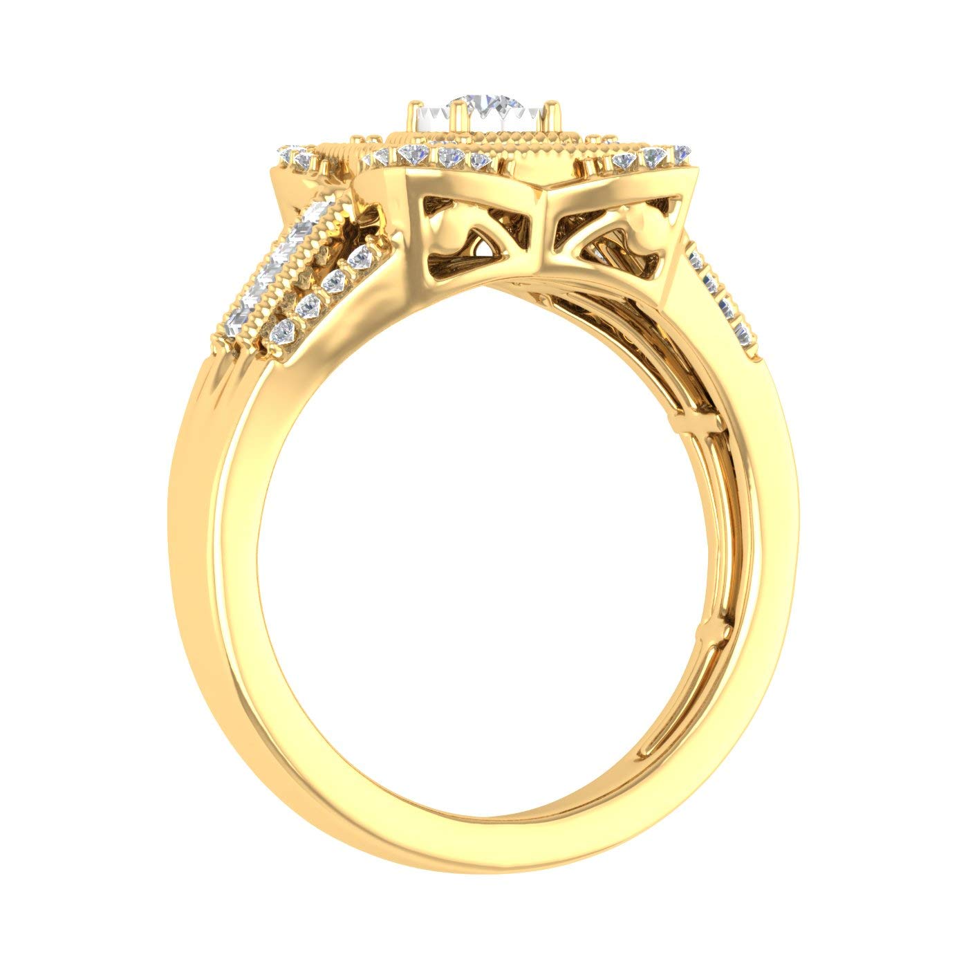 FINEROCK 1/2 Carat Round & Baguette Shape Diamond Cushion Shaped Halo Ring in 10K Yellow Gold (Ring Size 8)