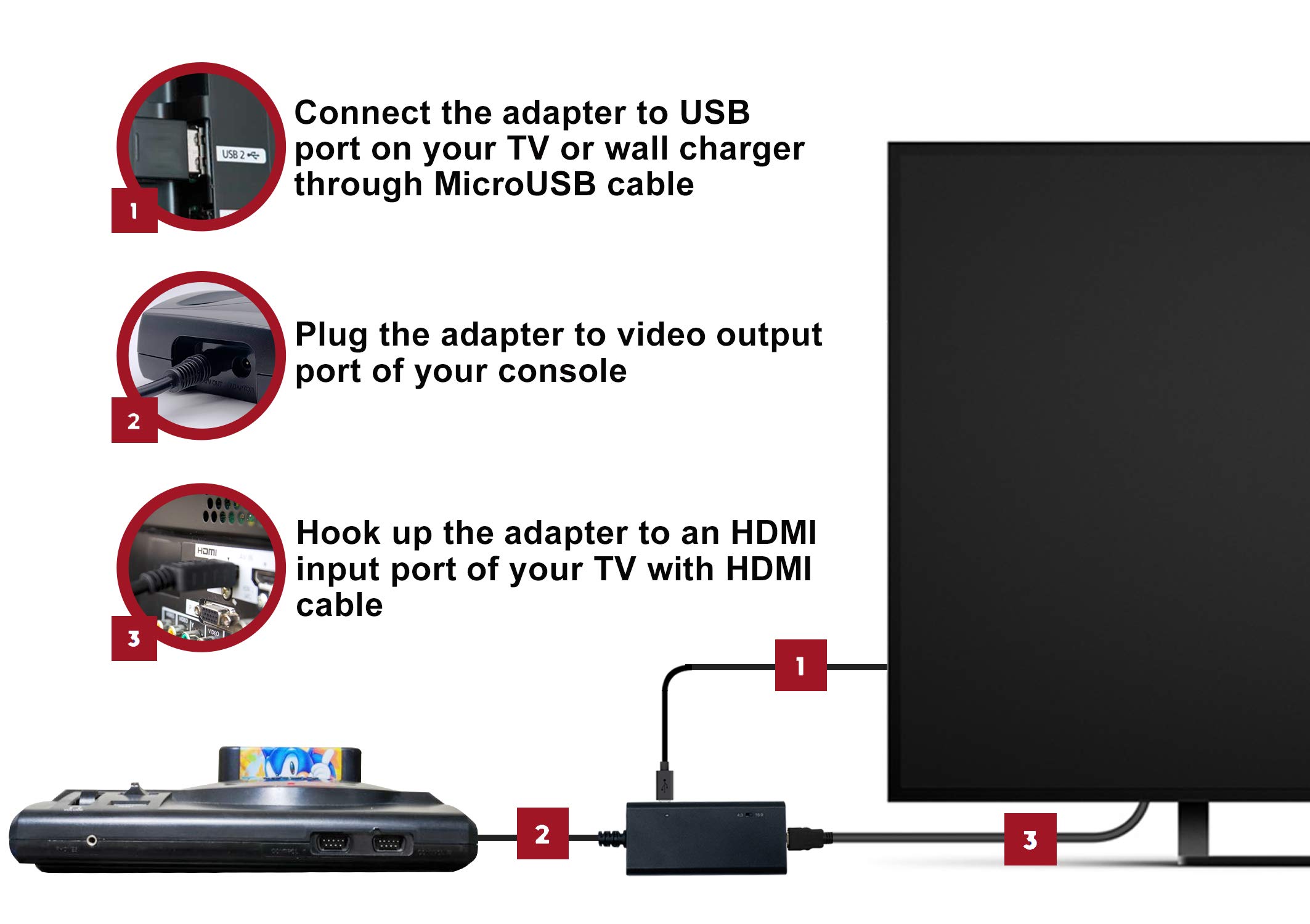 HDMI Cable for Sega Genesis Model 1/2 / 3, Sega CD, Sega CDX, Sega 32X, Sega Nomad, Original Sega Master System Console