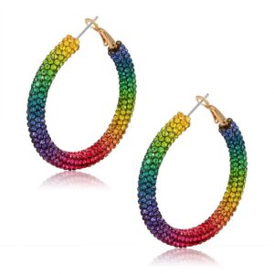 boderier hoop earrings for women bohemian rainbow sparkle pave resin rhinestone wrapped hoop earrings fashion jewelry (rainbow)