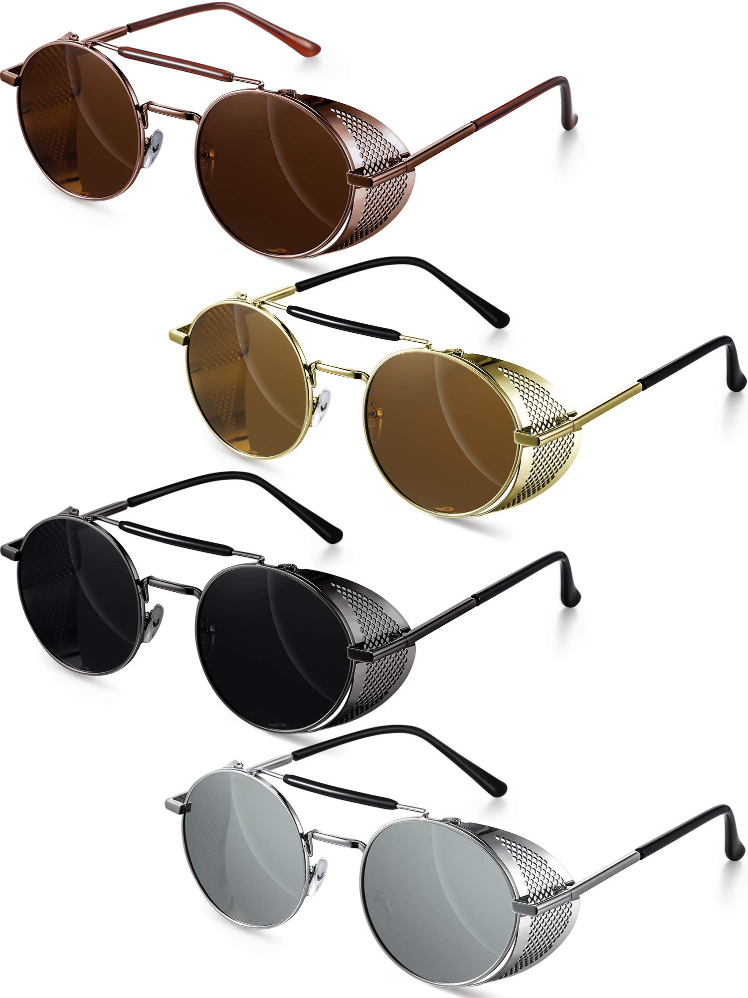 4 Pairs Steampunk Sunglasses Retro Gothic Sunglasses Unisex Vintage Sunglasses (Black Frame Grey Lens, Silver Frame Silver Lens, Gold Frame Brown Lens, Brown Frame Brown Lens)