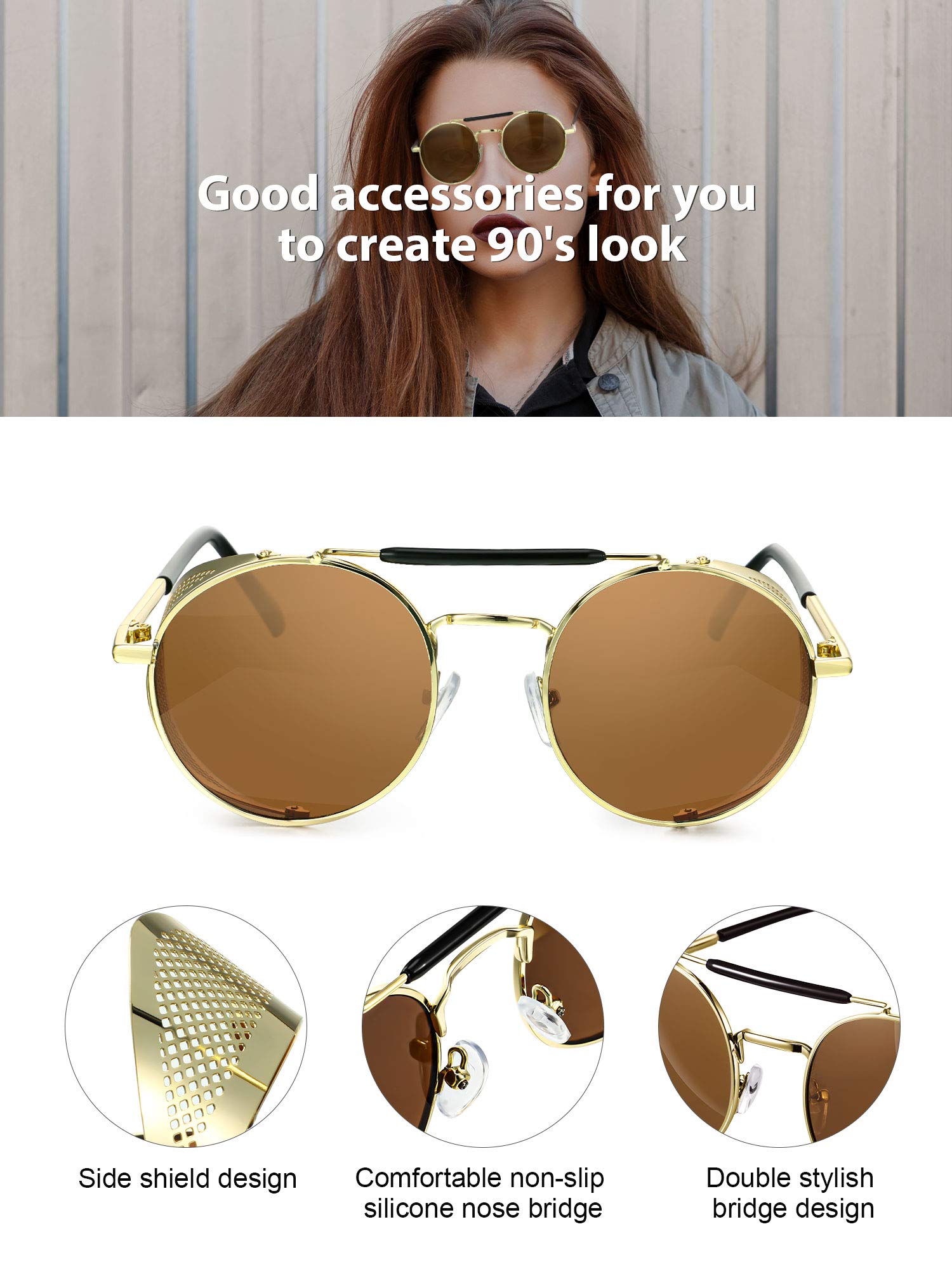 4 Pairs Steampunk Sunglasses Retro Gothic Sunglasses Unisex Vintage Sunglasses (Black Frame Grey Lens, Silver Frame Silver Lens, Gold Frame Brown Lens, Brown Frame Brown Lens)