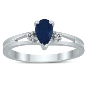 6x4mm sapphire and diamond pear shaped open three stone ring in 10k white gold