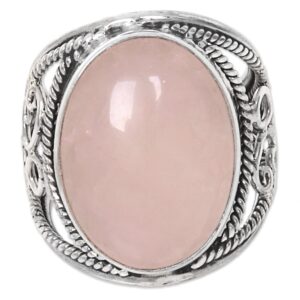 novica artisan handmade .925 sterling silver rose quartz cocktail ring crafted from indonesia pink pale dogwood birthstone [0.9 in l x 0.8 in w x 0.3 in h 3 mm w] 'pink moon'