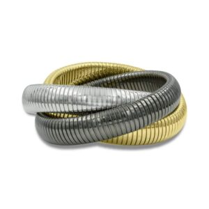 jr joy & rachel 14k gold plated, black and rhodium high polished triple stretch 6.75" intertwined twist bracelets