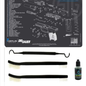 SIG P365 5 PC EDOG Cerus Gear Schematic (Exploded View) Heavy Duty Pistol Cleaning 12x17 Padded Gun-Work Surface Protector Mat Solvent & Oil Resistant & 3 PC Cleaning Essentials & Clenzoil