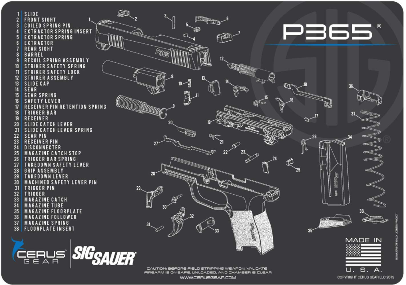 SIG P365 5 PC EDOG Cerus Gear Schematic (Exploded View) Heavy Duty Pistol Cleaning 12x17 Padded Gun-Work Surface Protector Mat Solvent & Oil Resistant & 3 PC Cleaning Essentials & Clenzoil