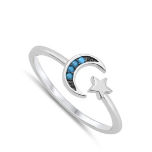 Simple Simulated Turquoise Moon Star Open Ring New .925 Sterling Silver Band Size 9