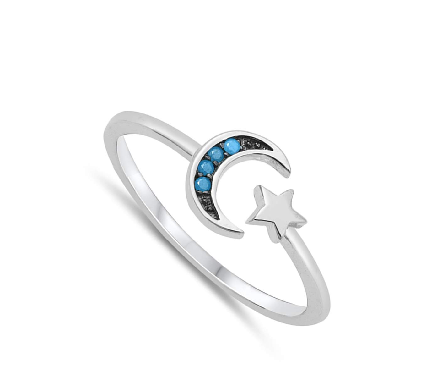 Simple Simulated Turquoise Moon Star Open Ring New .925 Sterling Silver Band Size 9