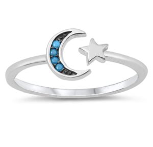 simple simulated turquoise moon star open ring new .925 sterling silver band size 9