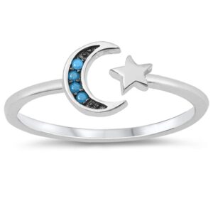 Simple Simulated Turquoise Moon Star Open Ring New .925 Sterling Silver Band Size 9