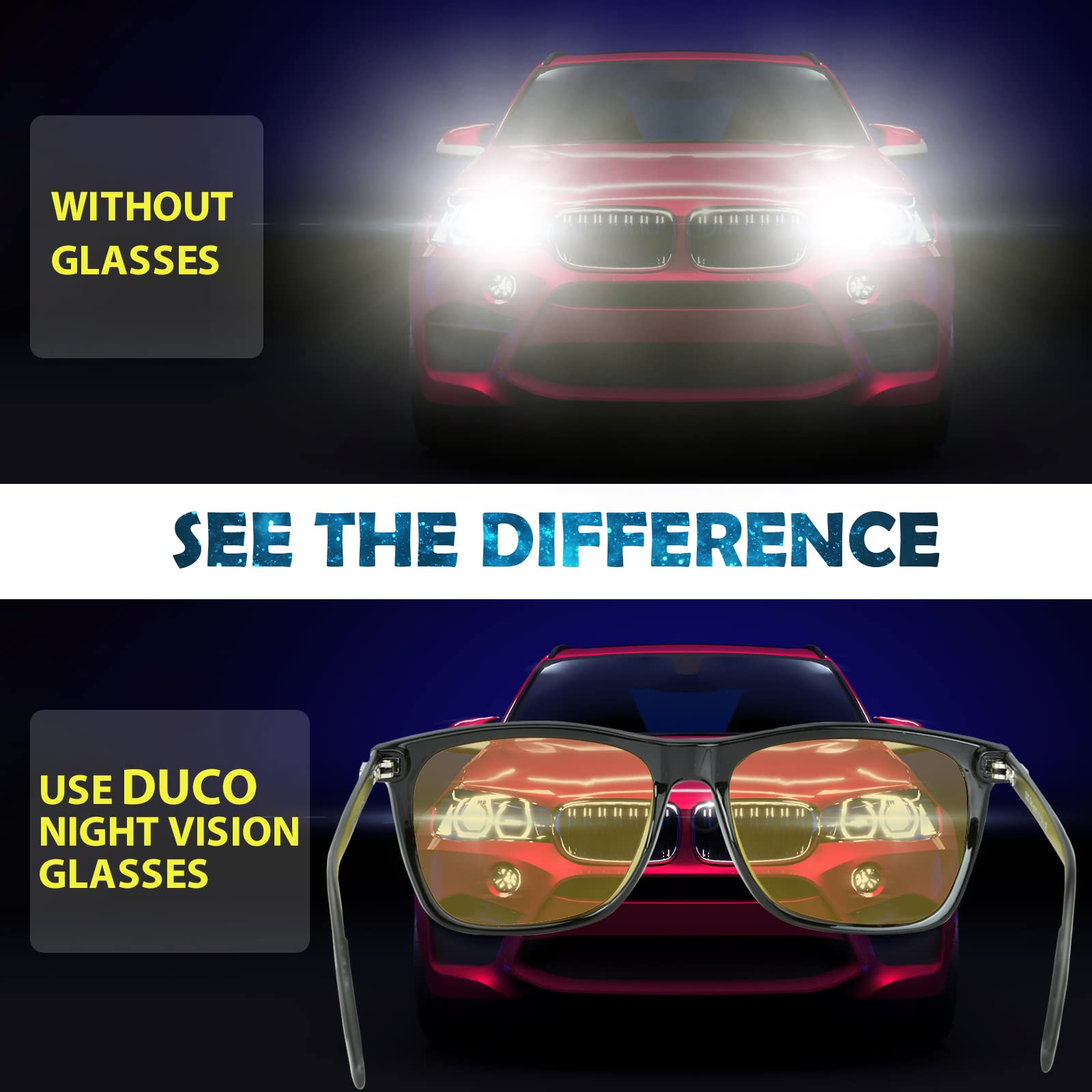 DUCO Night Driving Glasses for Headlight Anti-glare Night Vision Glasses With Yellow Lenses 3029 (Black)