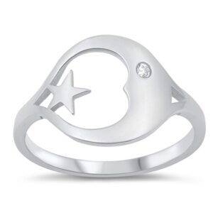 white cz crescent moon star ring new .925 sterling silver band size 10