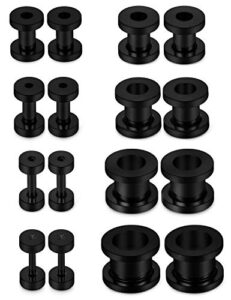 lcolyoli screw fit ear gauges kit surgical steel tunnel expander earrings earlobe plugs stretching body piercing jewelry set for women men 14g 12g 8g 6g 4g 2g 0g 00g 8 pairs black