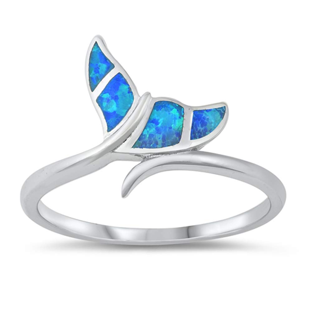 Blue Simulated Opal Mosaic Whale Tail Promise Sterling Silver Ring Size 5