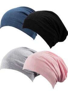 satinior 4 pieces satin lined sleep cap hat slouchy beanie slap hat for women (black, grey, dark blue, pink), medium