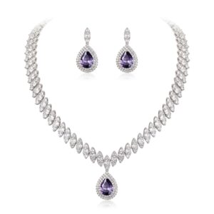 ever faith women's jewelry purple cz marquise-shaped leaf teardrop wedding prom necklace earrings set silver-tone