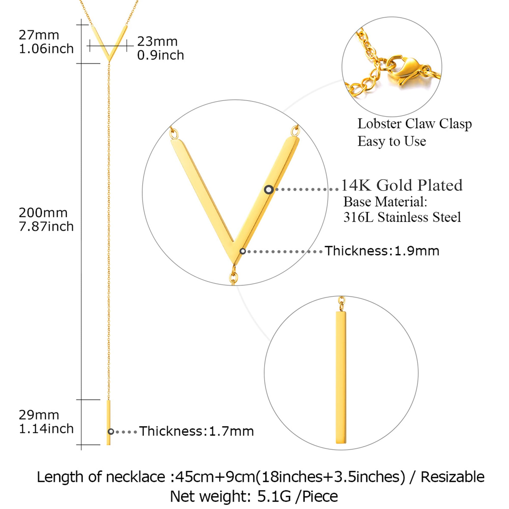 FOCALOOK Bar Pendant Y Gold Necklace Hypoallergenic Stainless Steel 14K Gold Plated Minimalist Dangle Extra Long Pendant Lariat Necklaces for Women