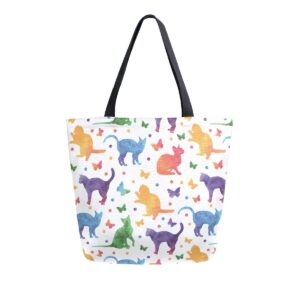 alaza large canvas tote bag rainbow cute cat butterflies polka dot shopping shoulder handbag with small zippered pocket