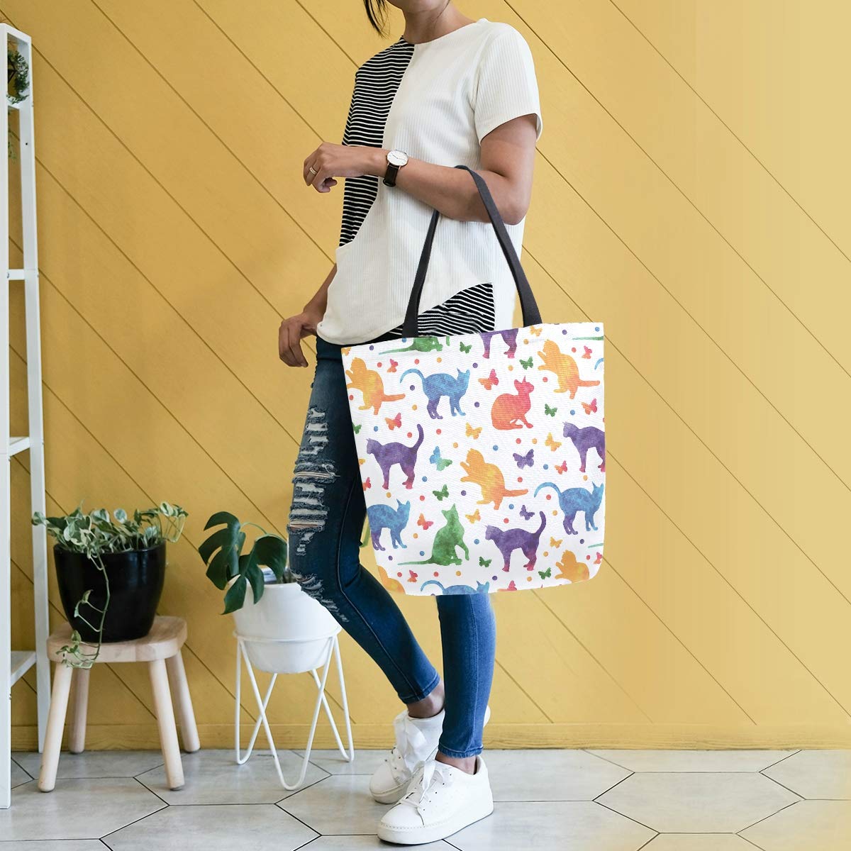 ALAZA Large Canvas Tote Bag Rainbow Cute Cat Butterflies Polka Dot Shopping Shoulder Handbag with Small Zippered Pocket